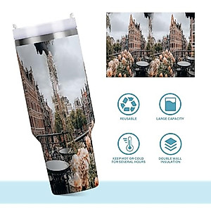 ODAWA Amsterdam Roses Street Insulated Coffee Tumbler with Lid and Straw Thermal Cups for Hot and Cold Drinks 40 Oz Stainless Steel Coffee Mug