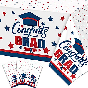 3 PCS Graduation Tablecloth Red Blue Graduation Decorations Class of 2025 Disposable Plastic White Congrats Grad Table Cover Party Supplies 70x43 Inch