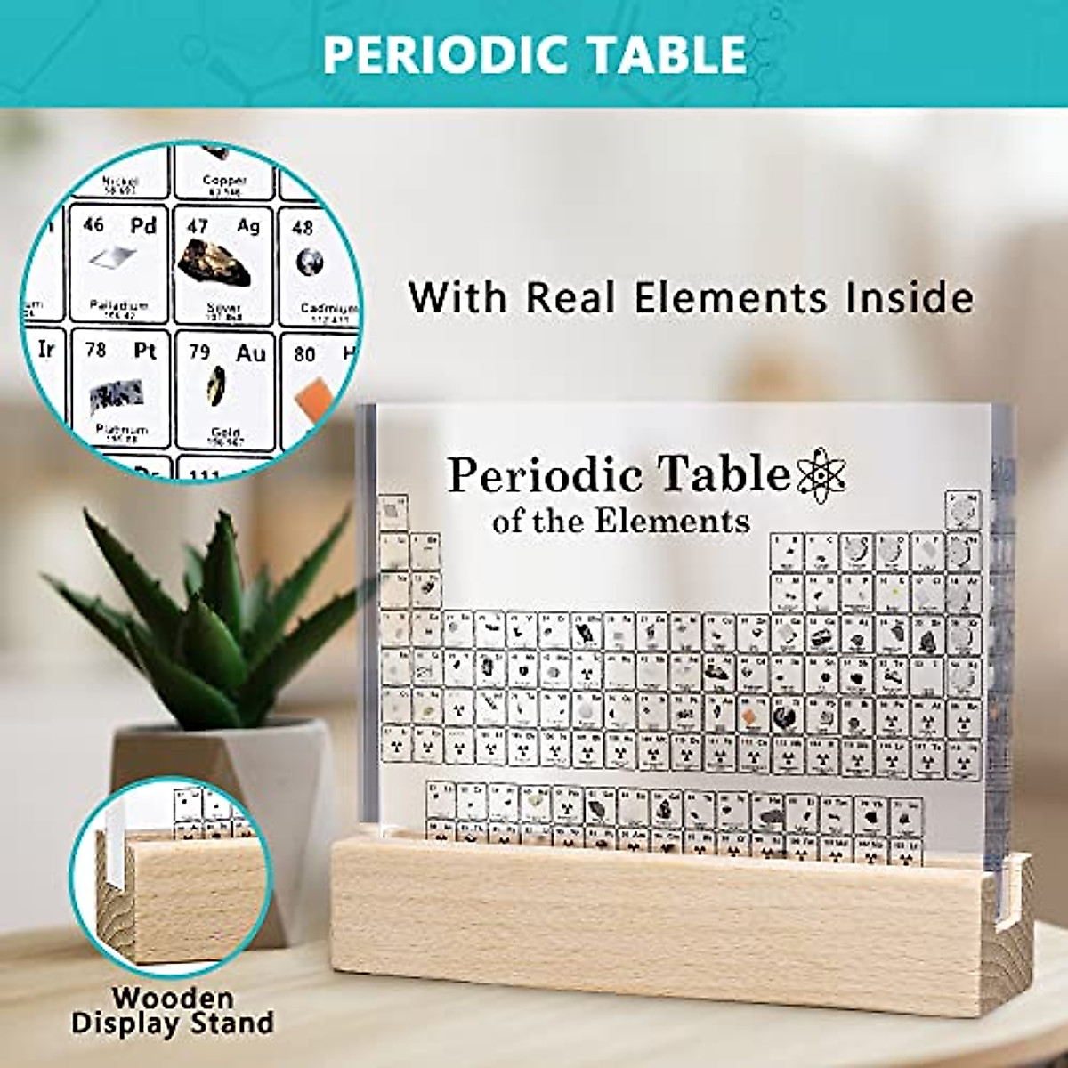 MegaBox Periodic Table Of Elements with 83 Real Elements, Acrylic Periodic Table Display With Wooden Stand, 6x Chemistry Formula Reference Cards, Science Teacher Gift Classroom Decoration
