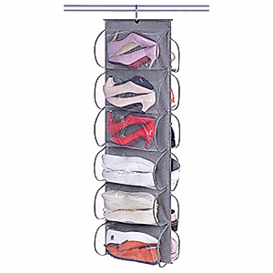 KEETDY 12 Large Clear Pockets Hanging Shoe Organizer Fabric Dual Sided Shoe Holder Rack for Closet Shelves with Roating Hanger for Storage Mens Shoes, Women Handbags, Kids Clothing, Grey
