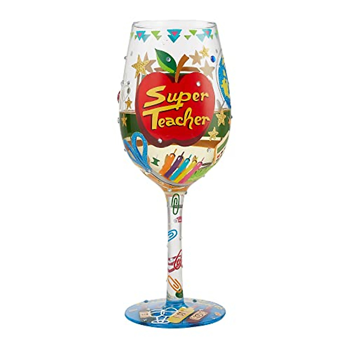 Enesco Designs by Lolita Super Teacher Hand-Painted Artisan Wine Glass, 15 Ounce, Multicolor