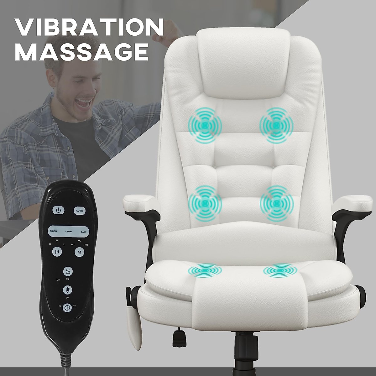 HOMCOM High Back Vibration Massage Office Chair with 6 Vibration Points, Heated Reclining PU Leather Computer Chair with Armrest and Remote, White