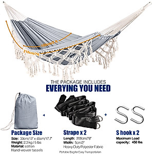 Anyoo Hammock Garden Cotton Hammock Comfortable Fabric Elegant Deluxe Tassels Durable Swing Hammock Up to 450lbs Portable Hammock with Travel Bag,Perfect for Porch Patio Yard Bedroom Outdoor/Indoor