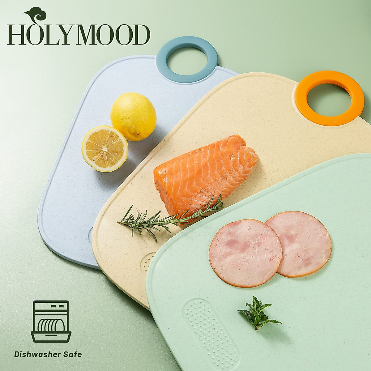 Holymood Cutting Board for Kitchen, Chopping Board with Juice Grooves, Dishwasher Safe, Cute Wheat Straw Non-Porous Cutting Boards , Easy-Grip Handle, Non-slip, Grinding Area