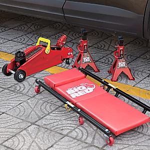 BIG RED T82040 Torin Hydraulic Trolley Floor Service/Floor Combo with 2 Jack Stands and Rolling Garage/Shop Creeper, 2 Ton (4,000 lb) Capacity, Red