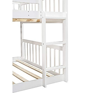 OYN Wooden Full-Over-Full-Over-Full Triple Bed Frame with 2 Built-in Ladder and Slide ,Triple Bed with Full Length Guardrails for Children, Teens ,Boys & Girls, White
