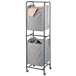 mDesign Vertical Stacked Laundry Hamper Basket with Wheels, Portable, 2 Removable Bags for Organizing Clothes, Laundry, Lights, Darks - Strong Metal Frame - Dark Gray