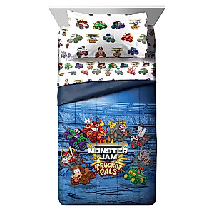 Jay Franco Monster Jam Truckin' Pals 4 Piece Toddler Bed Set - Includes Comforter & Sheet Set - Bedding Features Grave Digger & Megalodon - Super Soft Fade Resistant Microfiber