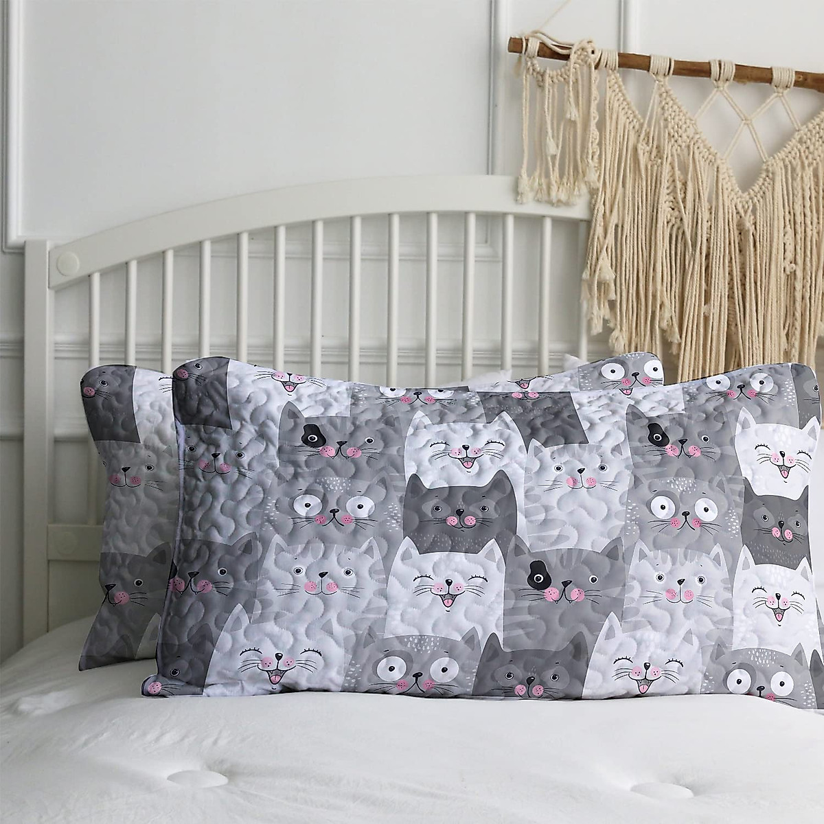 BlessLiving Cat Quilt Set Gray Queen(90"x90"), 3 Pieces(1 Cartoon Cat Pattern Quilt and 2 Pillowcases), 3D Kawaii Cats Bedspread Microfiber Coverlet Sets All-Season for Teens Boys Adults Women