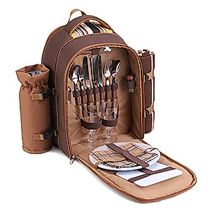 apollo walker Picnic Backpack Bag for 2 Person with Cooler Compartment, Detachable Bottle/Wine Holder, Fleece Blanket, Plates and Cutlery(2 Person, Brown)