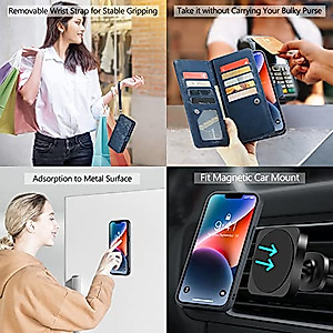 Varikke for iPhone 14 Wallet Case, Detachable Magnetic Wallet Flip Cases with Card Holder & Kickstand & Wristlet Fits iPhone 14 [6.1 inch] Phone Cover for Women Men Durable PU Leather, Vintage Blue