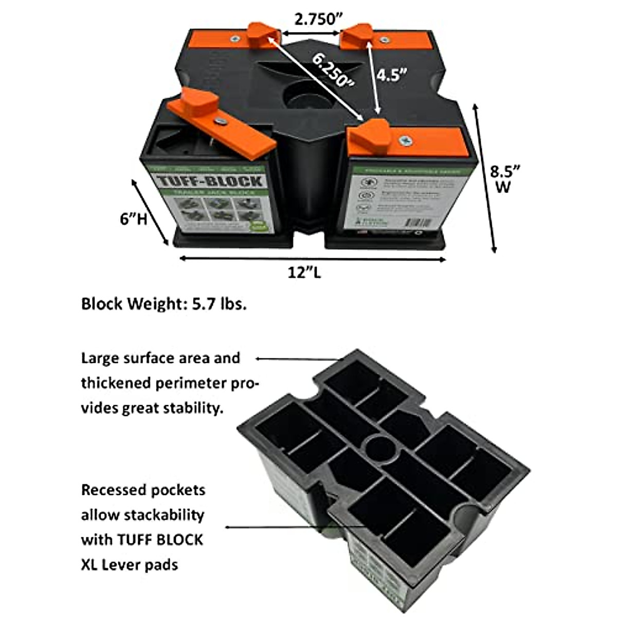 TUFF-Block by Dock N Stow Trailer Jack Blocks for RV Camper, 5th Wheel, Boat | Works w/Any Tongue Jack, Post, Scissor Stabilizer or Foot (Round or Square) | Stand Supports 10,000 lbs | Orange Stops