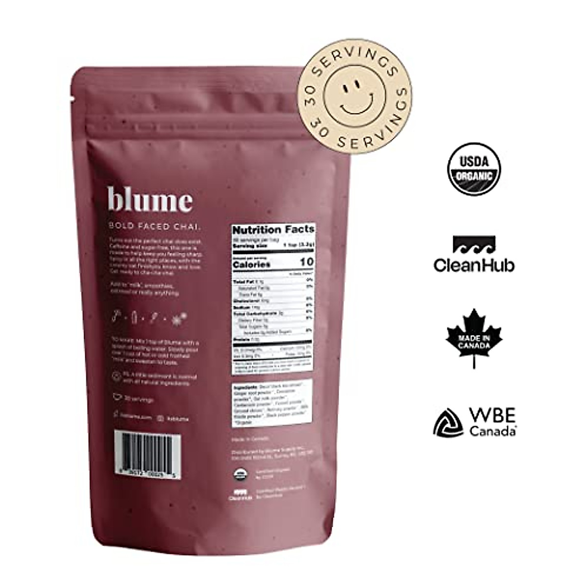 Blume Oat Milk Chai Latte - Organic Chai Source from India - Decaf Chai Tea Powder Super Latte with Milk Thistle, Fennel and Ginger Root - Sugar-Free, Gluten-Free and Vegan - Blend with Coffee, Tea or Smoothies - 30 Servings