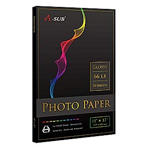 A-SUB Premium Photo Paper High Glossy 11x17 Inch 66lb for Inkjet Printers 50 Sheets