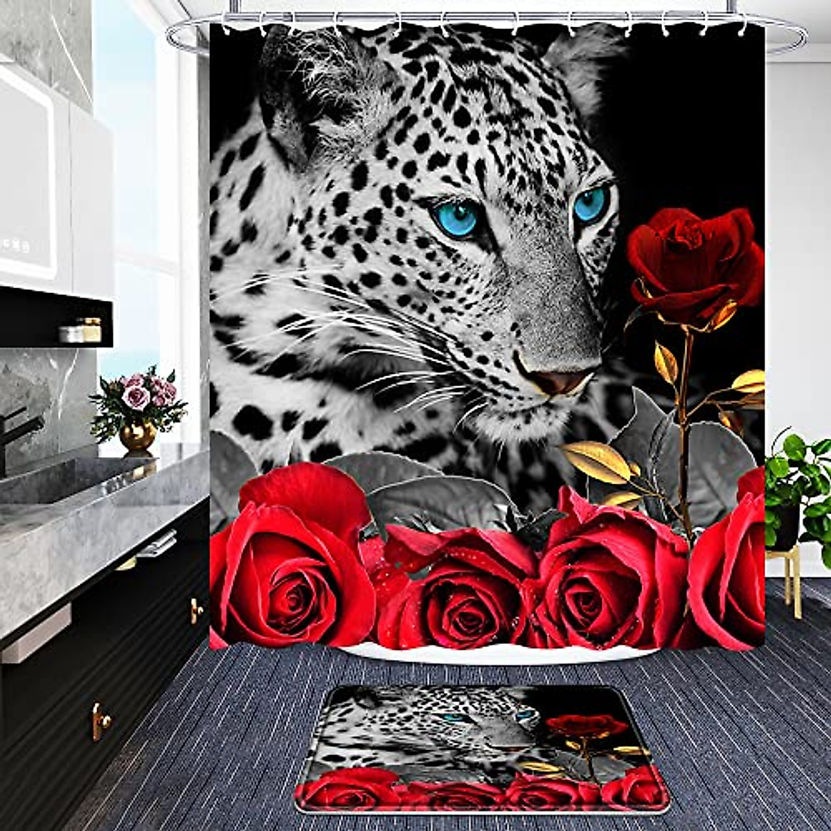 YOKYHOM 4 Piece Bathroom Sets with Shower Curtain and Rugs, Leopard Rose Bathroom Shower Curtain Sets with Rugs, Incl 71'' x 71'' Shower Curtain with 12 Hooks, Non Slip Bath Mats, Toilet Lid Oval Rug