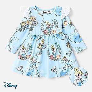 Disney Princess Baby Girls' Dresses Floral Long-Sleeve Ruffled Playwear Dress, Blue, 18-24 Months