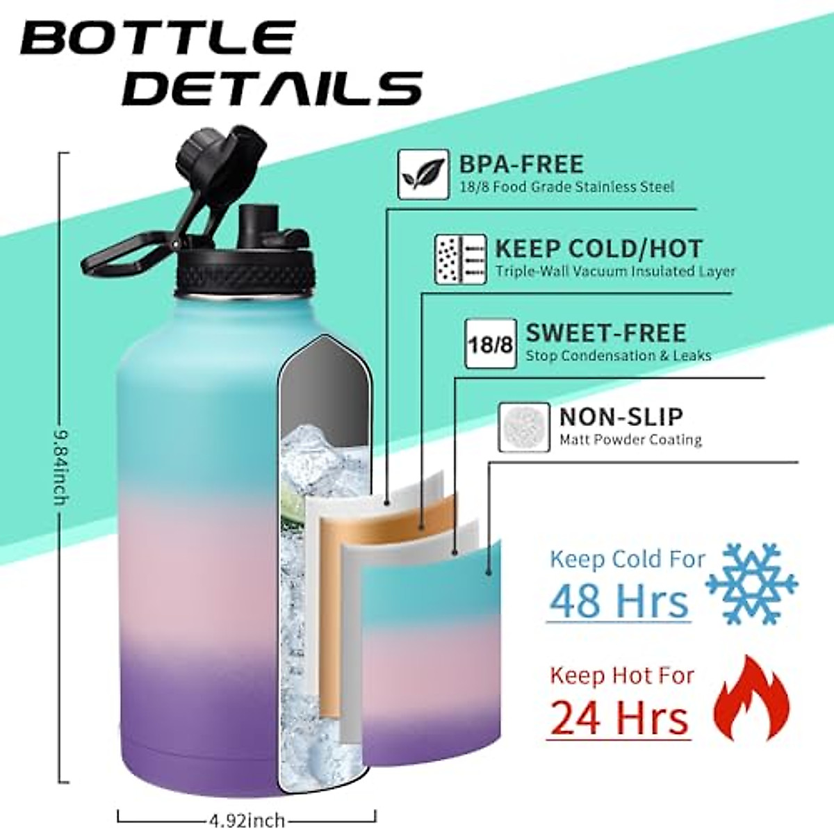 64OZ Insulated Water-Bottle with Paracord-Handle - Half Gallon Water Bottle Jug with Straw & Spout Lids, Bottle Sleeve & Boot, Keep Cold-48h Hot-24h for Fitness Outdoor Camping Hunting, Hiking