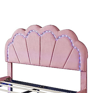 Full Size Upholstered Smart LED Bed with Elegant Flowers Headboard, Floating Velvet Upholstered Bed with Wooden Slats Support, Upholstered Smart LED Bed Frame for Kids Teens Boys Girls (Pink-ZC8S)