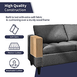 ijuicy 77" Sectional Sofa Couch with Storage Ottoman, 3 Seat L Shaped Sectional Couch, Modern Linen Rivet Tufted Small Couches for Living Room, Apartment & Small Space (Dark Grey)