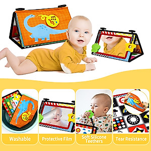 OKOOKO Tummy Time Floor Mirror Black and White High Contrast Baby Toy with Safe Mirror Soft Dinosaur Book Silicone Teethers Tummy Time Toy Montessori Sensory Toy for Newborn Baby Infant 0-12 Months