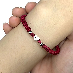 LAMIBEE Initial Bracelet Letter C, Dark Red Protection with Heart Initial Bracelet, Matching String for Couples, Gift for Women, Men, Friend Birthday, Graduation (Letter C)