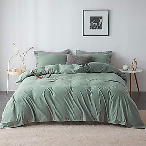 TanNicoor 100% Washed Cotton Duvet Cover Queen Size (90x90 Inch), 3 Pieces (1 Sage Green Duvet Cover + 2 Pillowcases) Soft, Cooling, Breathable Comforter Cover Set with Buttons Closure, Corner Ties