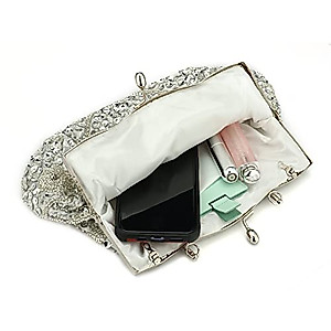 Women Beaded Sequin Design Flowers Evening Wedding Clutch Handbag Purse Vintage Beaded Embroidery Crossbody Evening Bag (Silver)