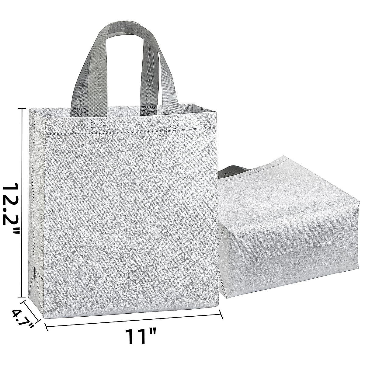 Noamus 40 Pcs 12x11 Inch Glossy Reusable Grocery Bag, Silver Glitter Gift Bags with Handle, Fashionable Non-Woven Bridesmaid Tote Bag, Durable Shopping Bag for Wedding, Bachelorette Birthday Party