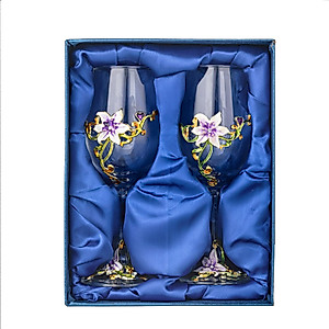 Simcat Handmade Painted Enamel Flower Glass Wine Glasses Transparent Refined Goblet, Stem For Cabernet, Gifts (Purple double gift box,2 Gift Box)