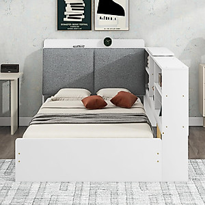VilroCaz Twin Size Platform Bed with L-Shaped Storage Shelves and Upholstered Headboard, Solid Wood Daybed Frame with 2 Drawers and Rotatable Storage Board, Maximize Space (White-25)