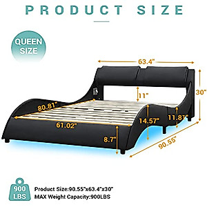 Queen Modern Upholstered Platform Bed Frame Wave-Like Curve Led Bed Frame with Headboard Low Profile Bed Frame with Smart RGB LED Lights,Faux Leather,Easy Assemble,Strong Wood Slats Support,Black