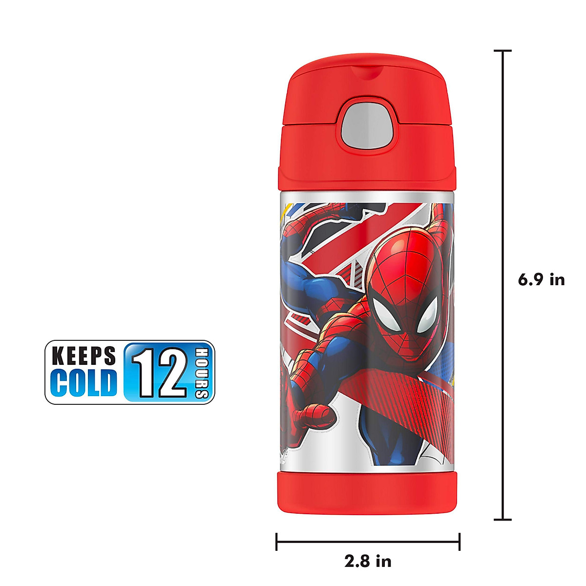 THERMOS FUNTAINER 12 Ounce Stainless Steel Vacuum Insulated Kids Straw Bottle, Spiderman
