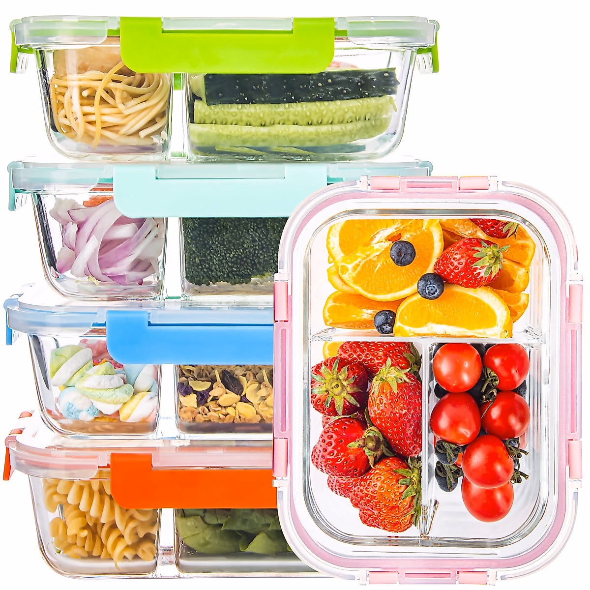 Glass Food Storage Containers 3 Compartment with Lids (5 Pack, 34oz), Divided Glass Meal Prep Containers for Lunch at Work, Leak-Proof Portion Control Food Containers, Microwave/Dishwasher Safe