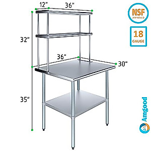 30" x 36" Stainless Steel Work Table with 12" Wide Double Tier Overshelf | Metal Kitchen Prep Table & Shelving Combo