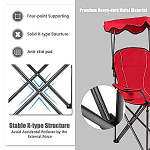 GYMAX Canopy Chair, Portable Folding Beach Pool Chair Lawn Chair with Canopy Two Cup Holders and Carry Bag, for Outdoor Beach Camp Park Patio (Red)