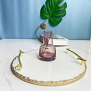 Luxury Marble Tray with Stylish Metal Handles, Vanity Tray, Marble Serving Tray for Kitchen, Counter, Dresser, Nightstand and Desk (White with Gold Edges and Handles (Round))