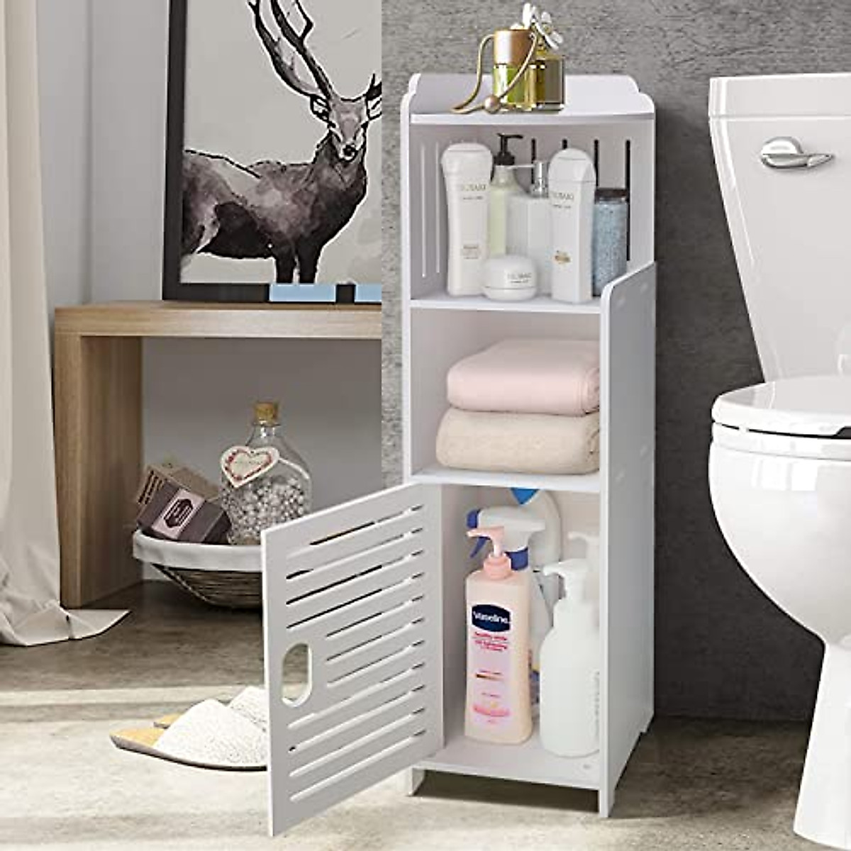 SENYAN Bathroom Storage Cabinet, Waterproof Freestanding Floor Cabinet Organizer with Doors and Shelves for Bedroom, Living Room, Kitchen,Entryway, Home Office, White