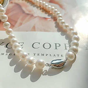 Freshwater Cultured Pearl Set Jewelry for Women Includes Pearl Bracelet, Stud Earrings and Drop Dangle Earrings High Luster AAA Quality Genuine Round White Pearl Strand Necklace Set Mother
