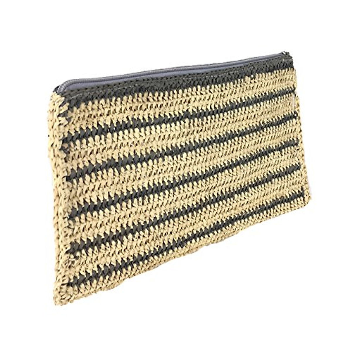 Mar Y Sol Kylie Striped Crochet Raffia Tassel Slim Clutch (Grey/Natural)