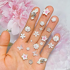 CQ zagir 140 Pcs 3D Flower Nail Art Charms White Nail Charms for Acrylic Nail Supplies Luxurious Mixed Nail Art Rhinestones Nail Gems Nail Accessories DIY Nail Decorations