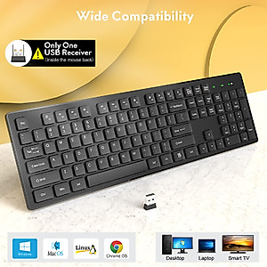 RATEL Office Wireless Keyboard, 2.4G Full-Size Silent Keyboard with Numeric Keypad, Long Battery Life, Lag-Free, Slim USB Cordless Keyboard for PC Laptop Computer Windows (Black)