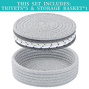 Trivets for Hot Dishes, Trivets for Hot Pots and Pans, Heat Resistant Hot Pads with Storage Basket, Pot Holders for Kitchen, Home Essentials, Farmhouse Decor (Mix Gray 5 PCS)