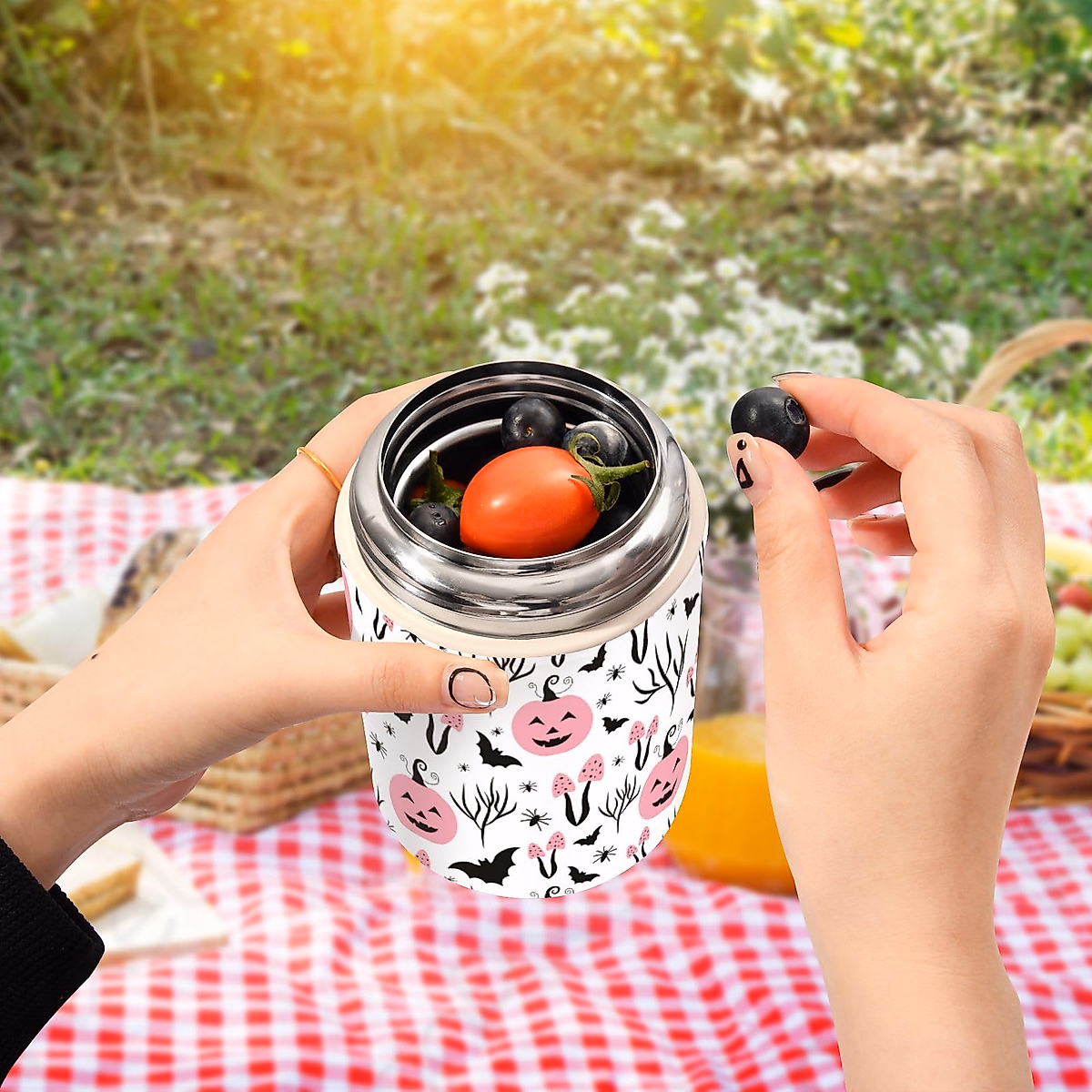 JUNZAN Pink Pumpkin Halloween Kids Womens Insulated Food Jar with Spoon 17oz/500ml Hot Lunch Container Stainless Steel Vacuum Leak Proof Thermo Flask for Insulated Hot Food