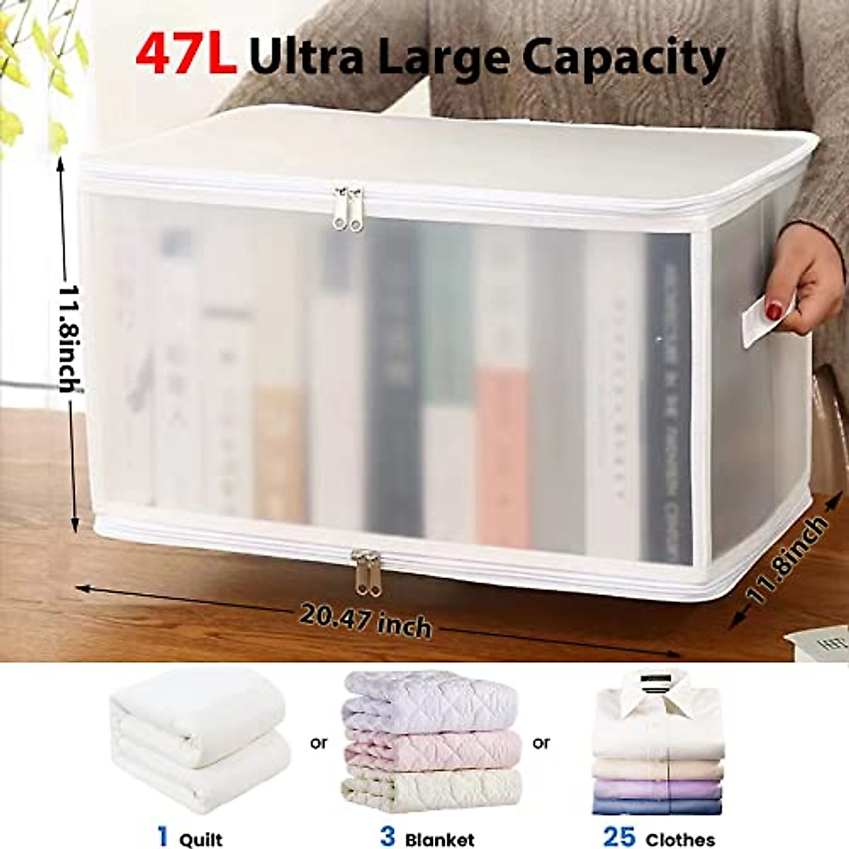 FAOMSEBS Under Bed Storage [Light & No Collapse] Foldable Plastic Storage Box, Healthy & Odorless Material With [Sturdy Handles] Moisture-Proof Bins For Pillow, Coats, Blankets 47L White Translucent
