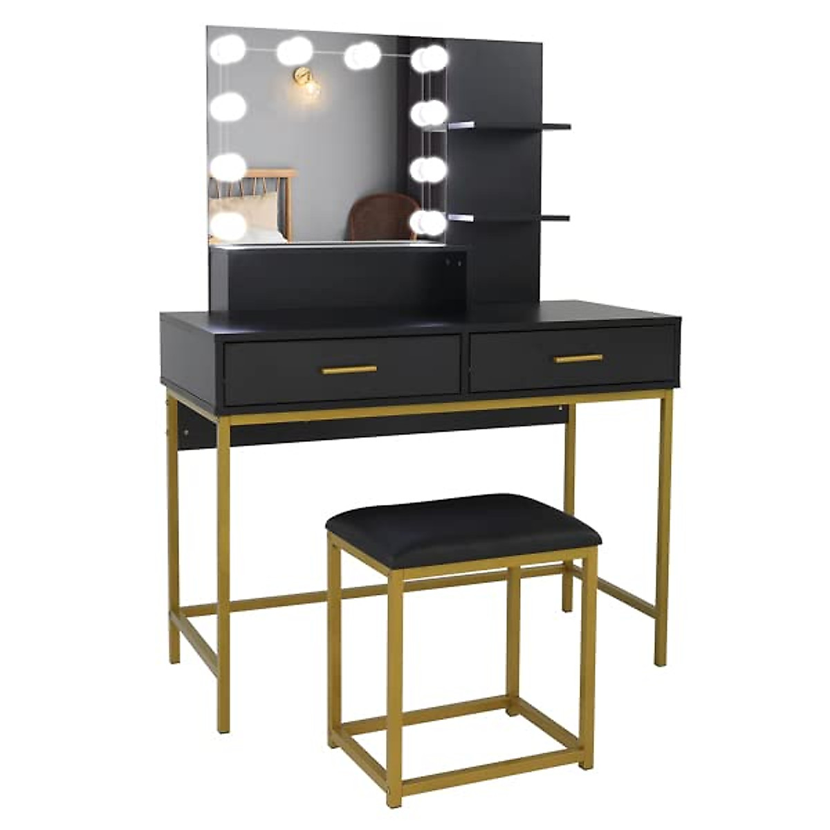 INXXCOROO Style Vanity Set with Lighted Mirror - Black Makeup Dresser with Stool