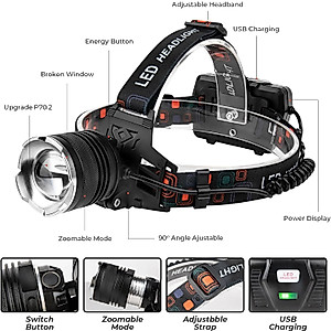 UOATEPC Rechargeable LED Headlamp, 100000 Lumens, 90 Adjustable, Waterproof, USB Rechargeable, Long Battery Life, Durable and Lightweight