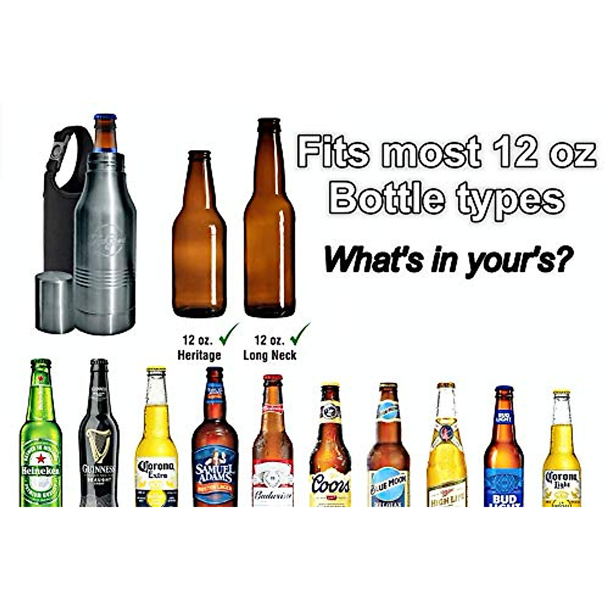 AUGood Beer Bottle Cooler: Stainless Steel Double Wall Bottle Insulator with Cover/Includes Bottle Opener and fit's long neck and standard neck 12oz bottles