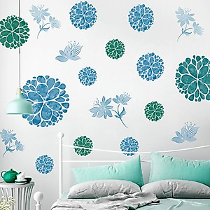 Fashion 3D DIY Creative Blue Flowers Wall Decals Flower Vines Wall Stickers Murals Removable Decor Decal for Living Room Girls Bedroom Home Wall Decoration Nursery Room Sticker Kids Stickers