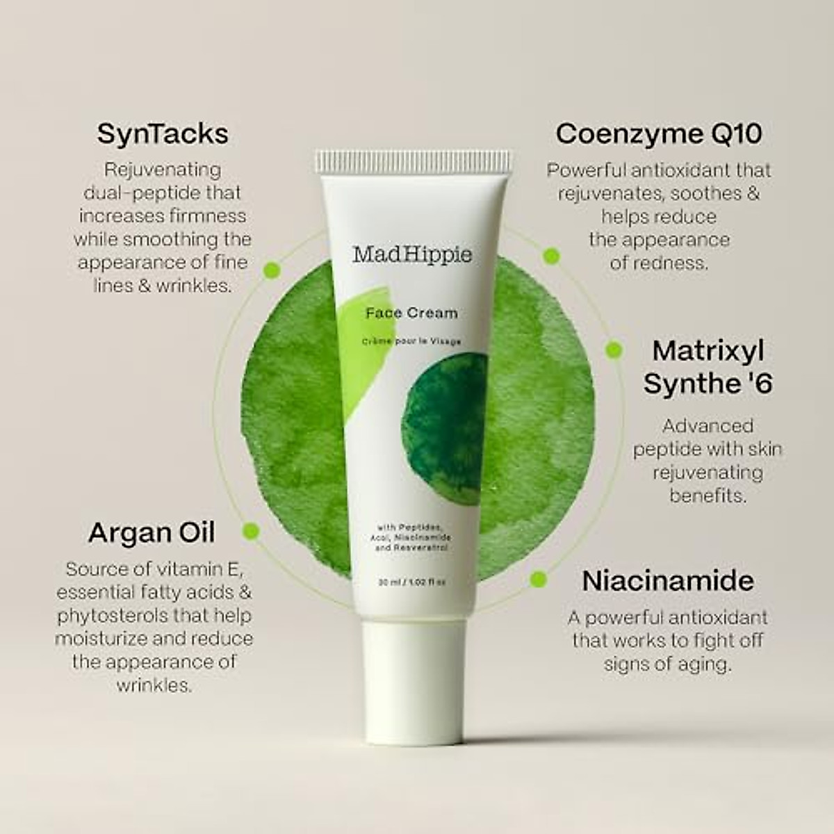 Mad Hippie Face Cream – Age-Defying Face Moisturizer & Skin Tightening Cream with Niacinamide, Advanced Peptides & Argan Oil (1.02 Oz) + Skin Care Pillow Pack