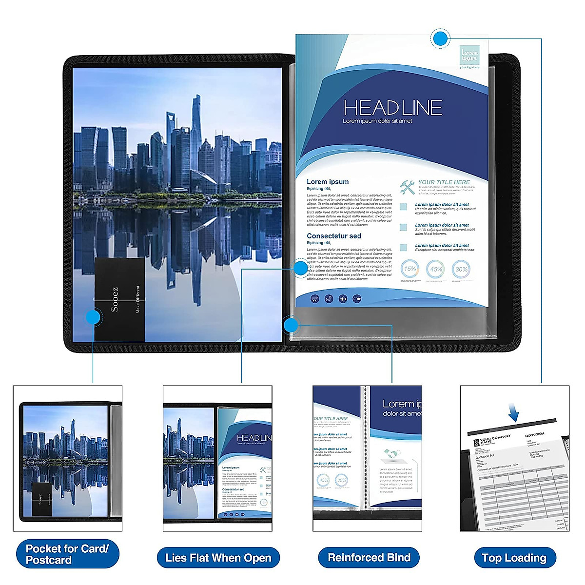 Sooez 30-Pocket Binder with Plastic Sleeves 8.5x11" (Black), Heavy Duty Art Portfolio Folder with Clear Sheet Protectors, Display 60 Pages, Presentation Book for Artwork, Document Organizer Binder